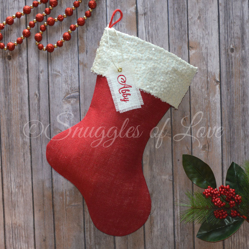 Personalized Red Burlap Sequin Stocking - Snuggles of Love