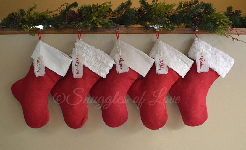Personalized Red Burlap Sequin Stocking - Snuggles of Love